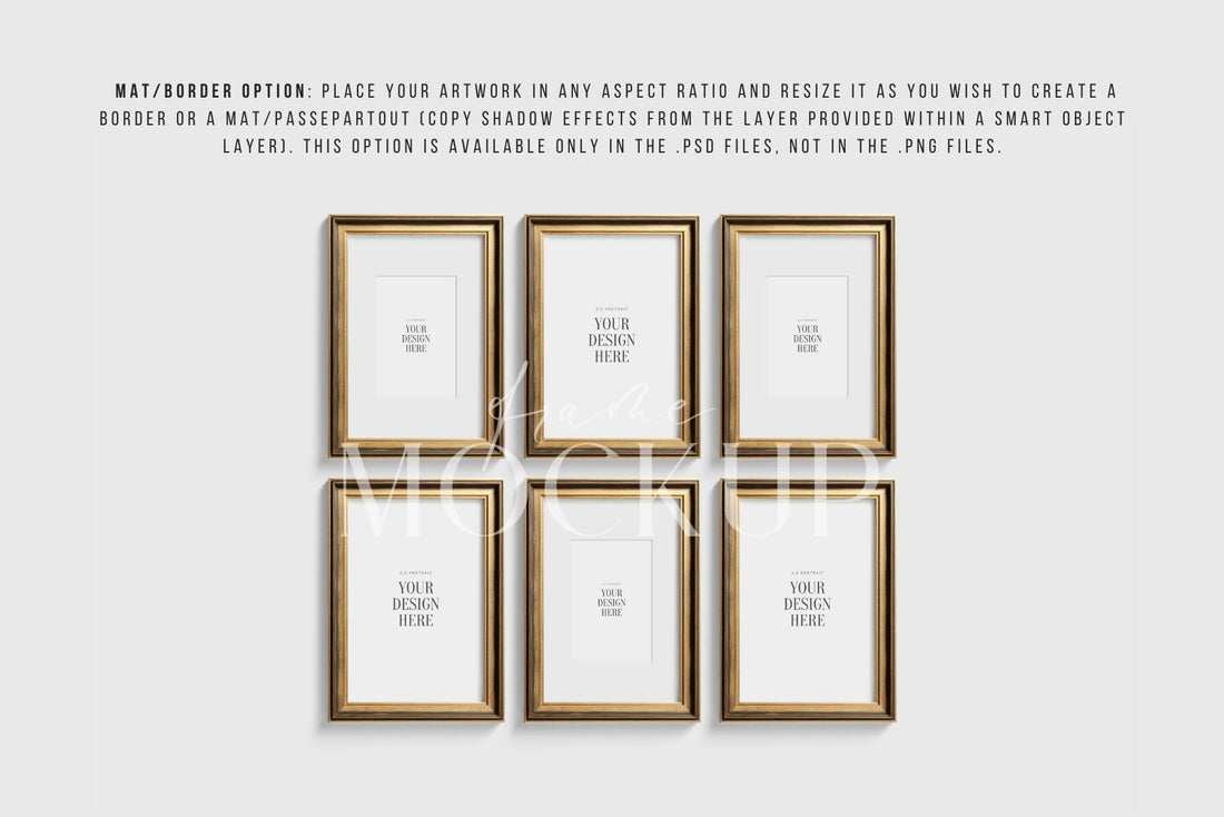 Vintage Gold Metallic Frame Mockup Set of 6 Vertical Frames 2:3 PSD ...