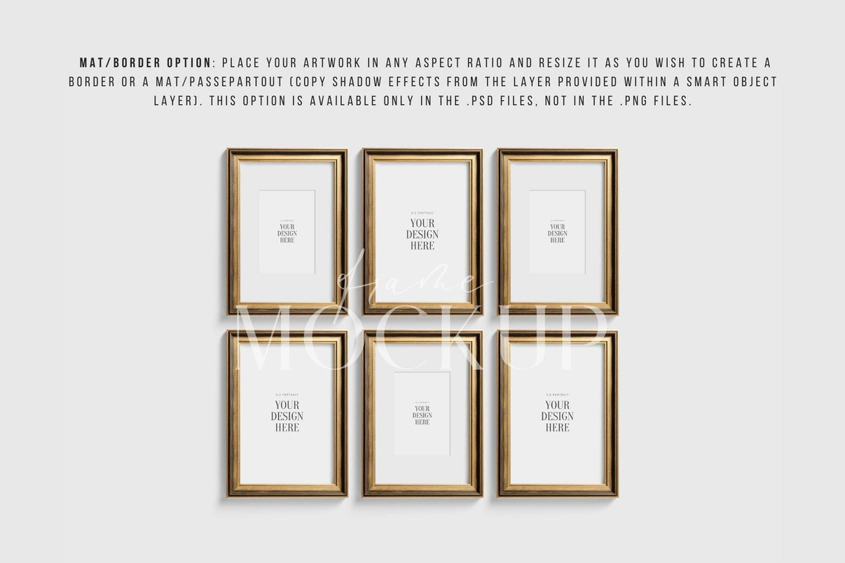 Vintage Gold Metallic Frame Mockup Set of 6 Vertical Frames 2:3 PSD ...