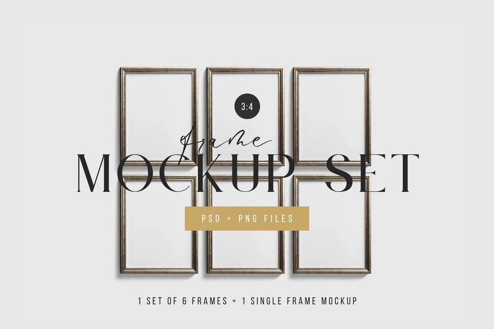 Vintage Silver Metallic Frame Mockup Set of 6 Vertical Frames 3:4 PSD ...