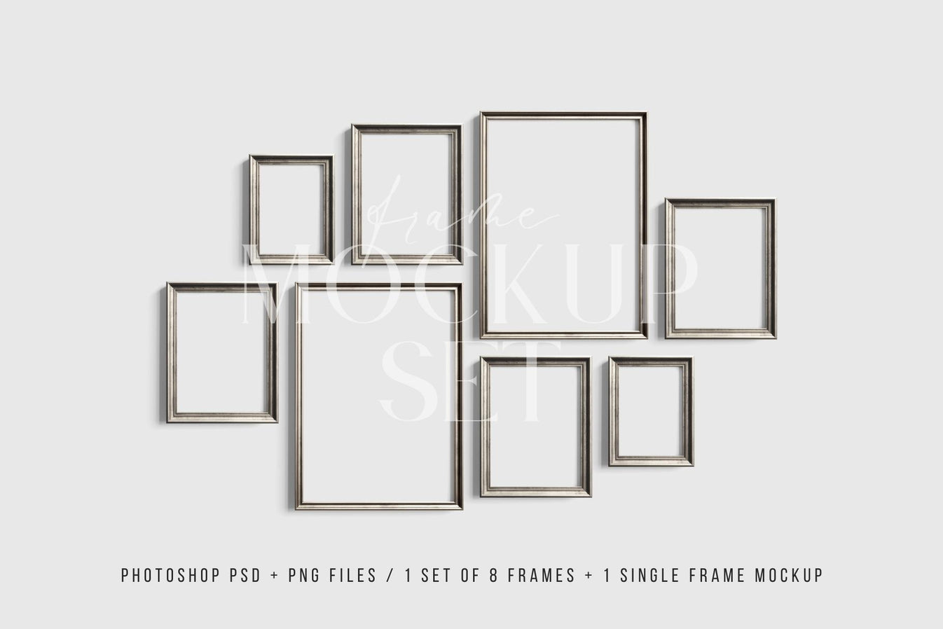 Vintage Silver Metallic Frame Mockup Set of 8 Vertical Frames 5:7, 3:4 PSD + PNG – PAPER MOON ...