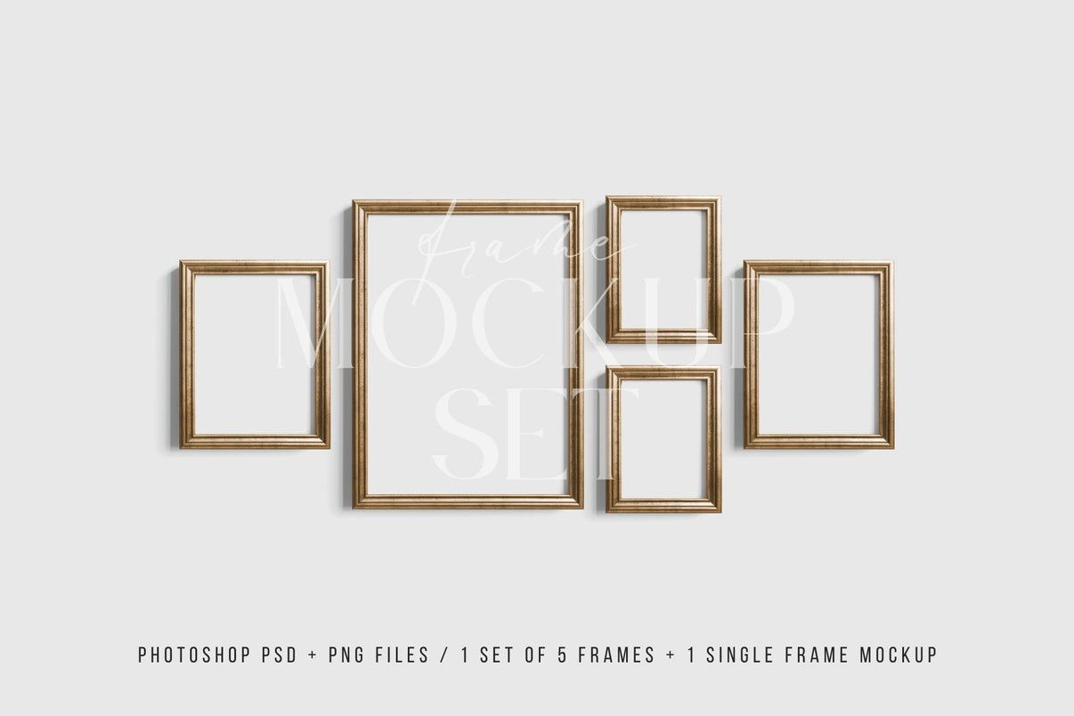 Vintage Gold Metallic Frame Mockup Set of 5 Vertical Frames 5:7, 3:4 ...