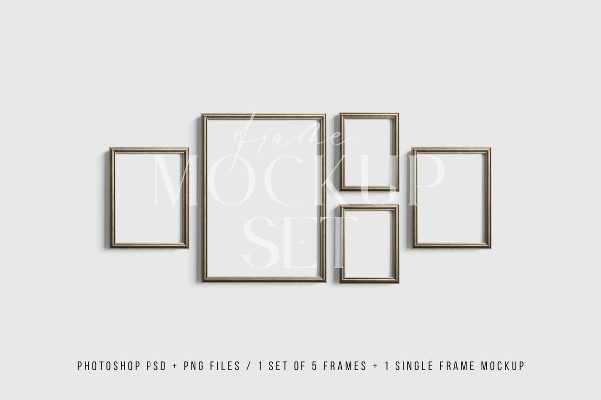 Vintage Silver Metallic Frame Mockup Set of 5 Vertical Frames 5:7, 3:4 ...