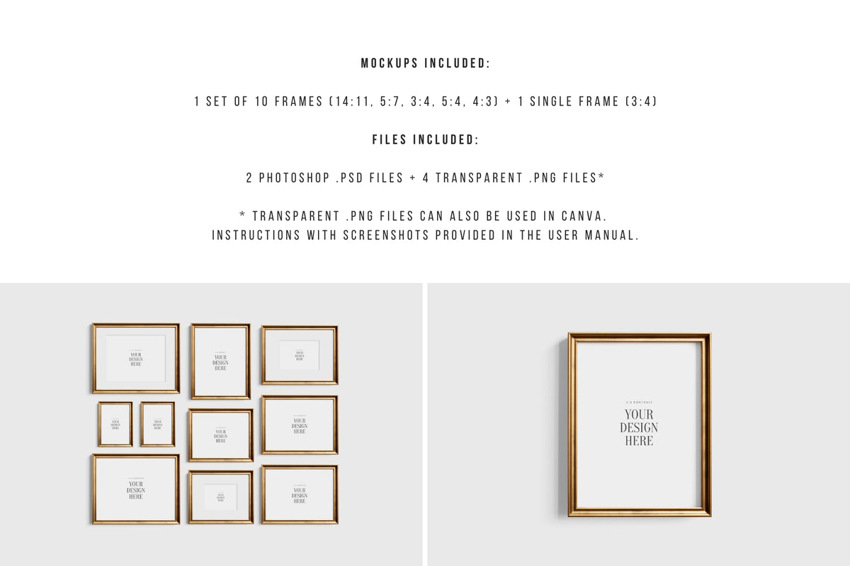 Gold Metallic Frame Mockup Set of 10 Vertical and Horizontal Frames PSD ...