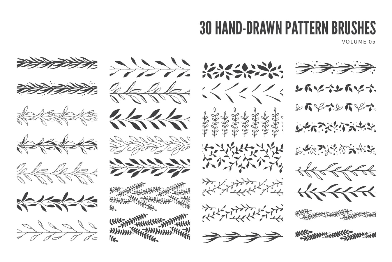 30 Hand-Drawn Vector Pattern Brushes 05 Botanical, Floral, Leaves, Bra ...
